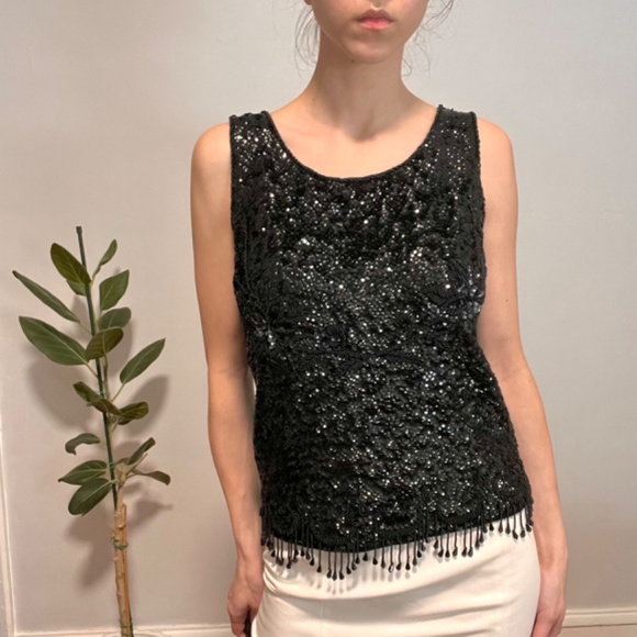 Vintage | Tops | Vintage 8s Black Sequin Beaded Top Fringe | Poshmark